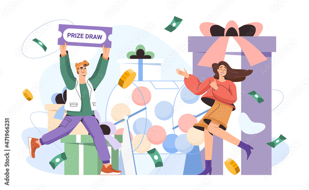 Prize draw vector flat illustration. Lucky girl winning prizes gift box ...