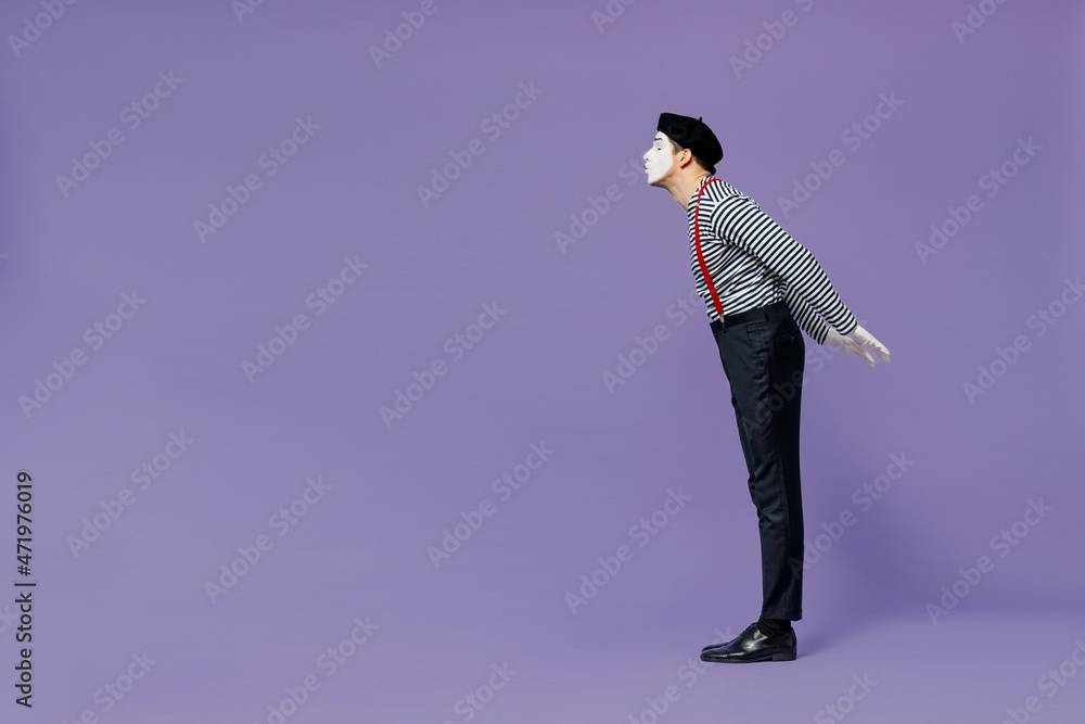 Full size body length side view profile young mime man with white face ...