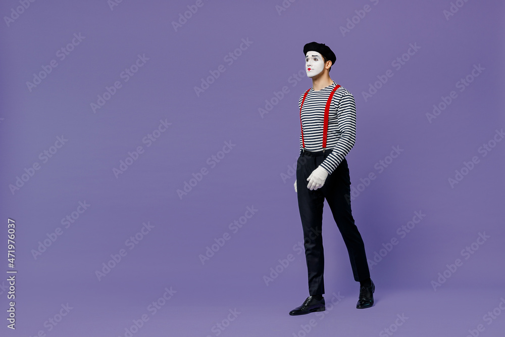 Full size body length side view profile vivid young mime man with white ...