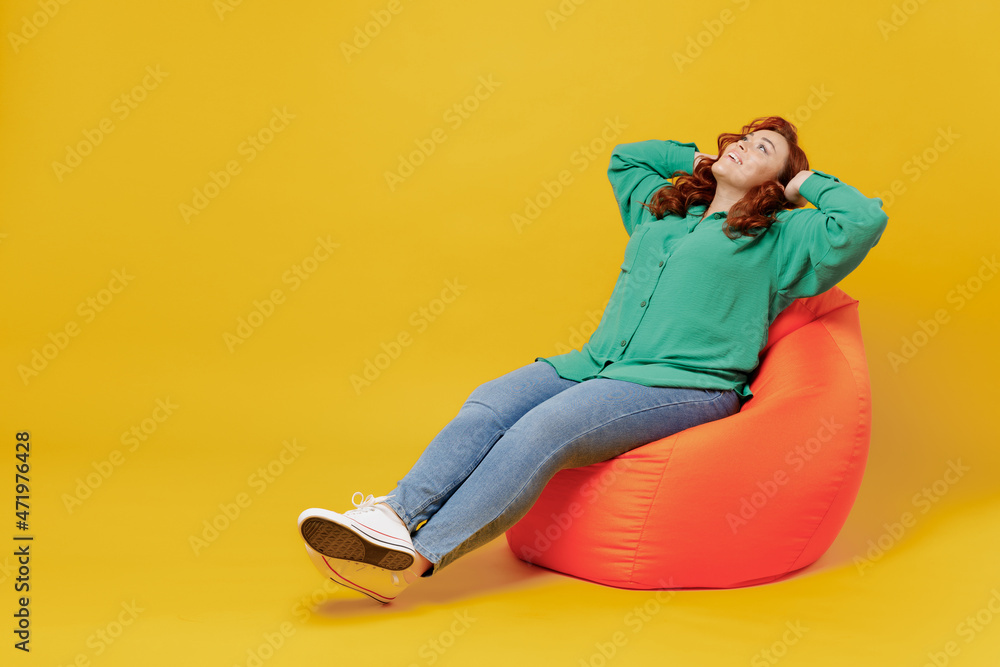 Full size body length bright happy vivid young ginger chubby overweight ...