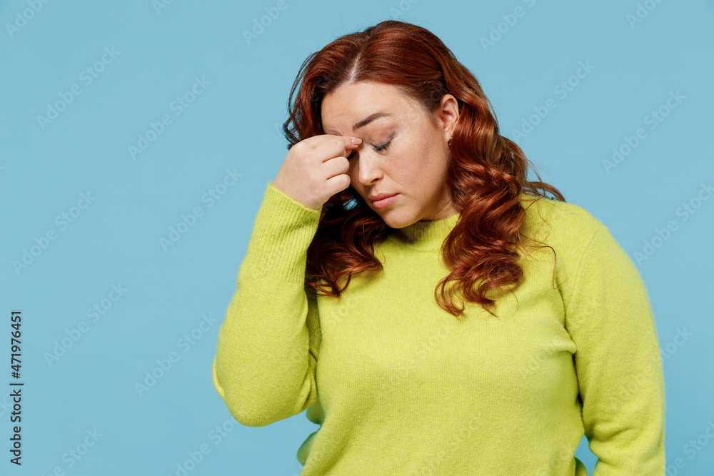 Young thoughtful chubby overweight plus size big fat fit woman wearing ...