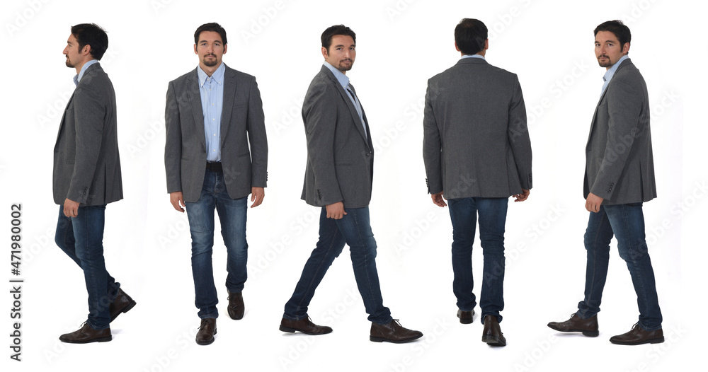 line of front, back and side view of same man walking on white ...