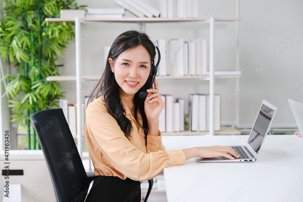 beautiful asia woman working call center operator with headset in office or workplace Stock ...