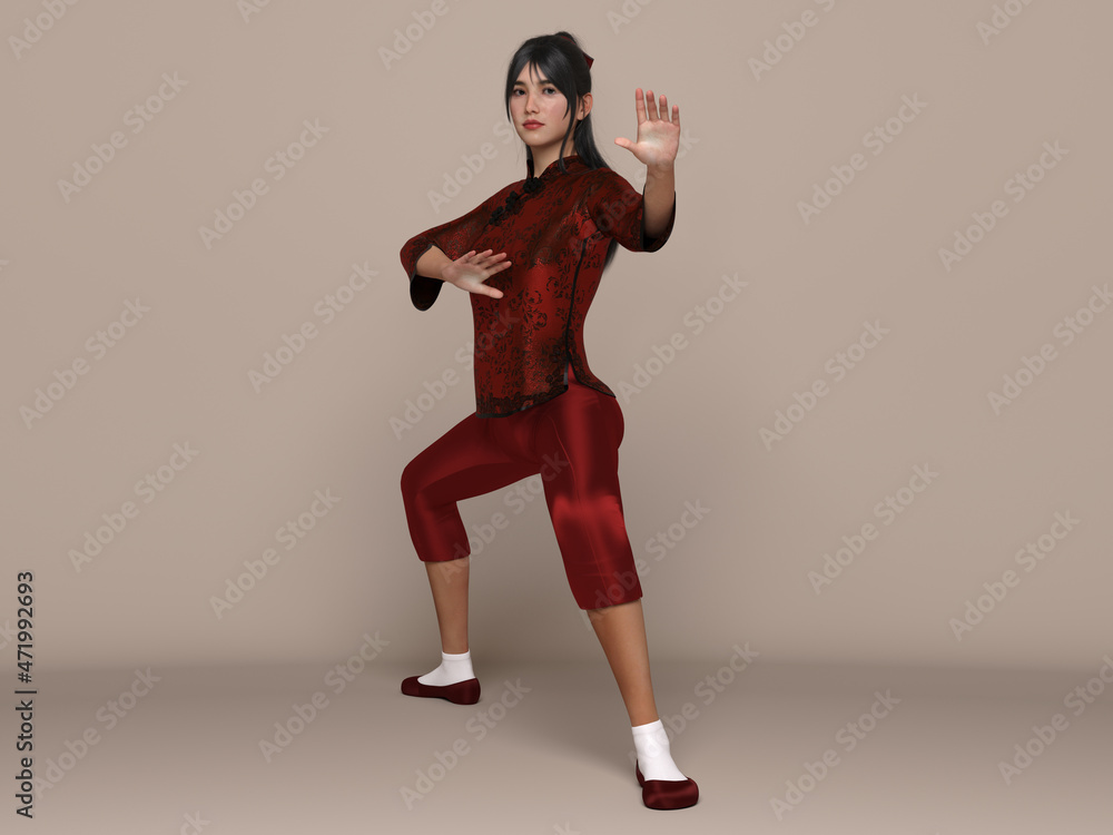 3D Render : a character of a female fighter with chinese Kung Fu style ...