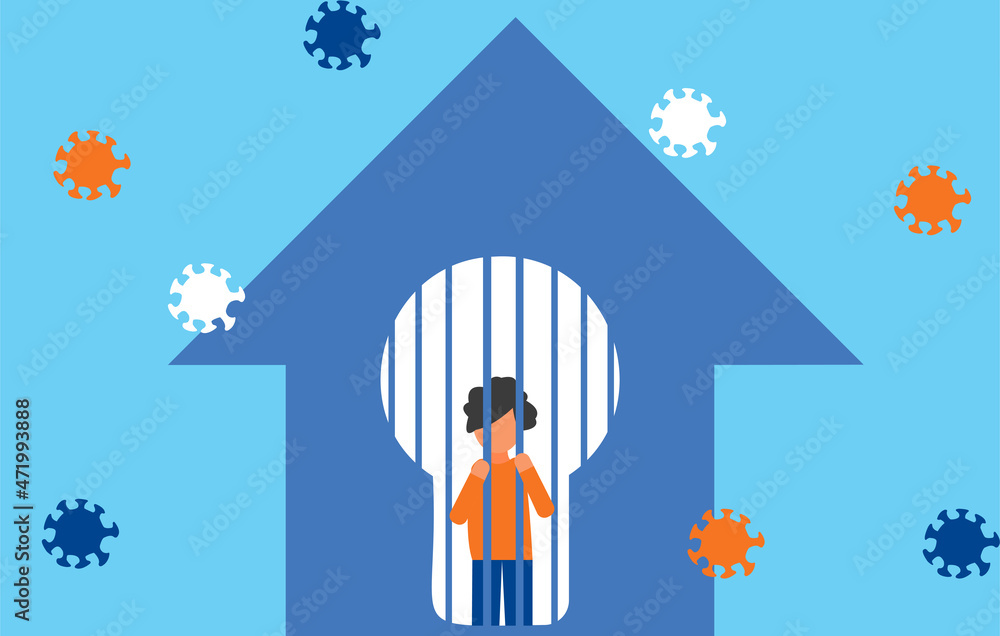 Illustration of a stressed man trapped in home during lockdown, in the ...