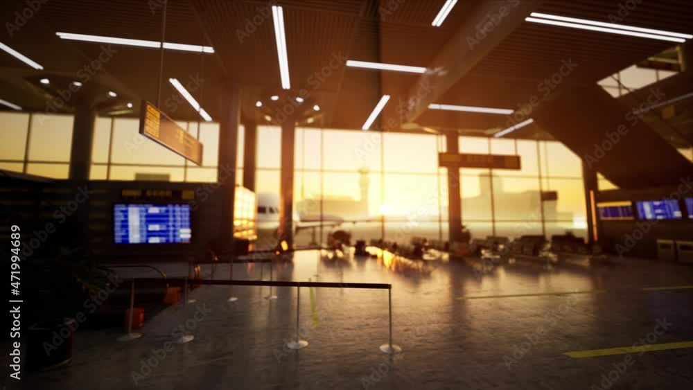 Empty airport terminal waiting hall without people in sunlight and ...