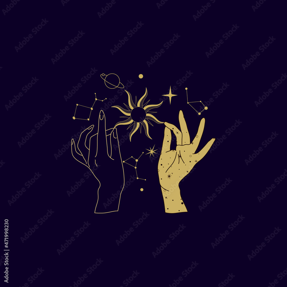 Spiritual esoteric magic logo or talisman with woman hands in ...