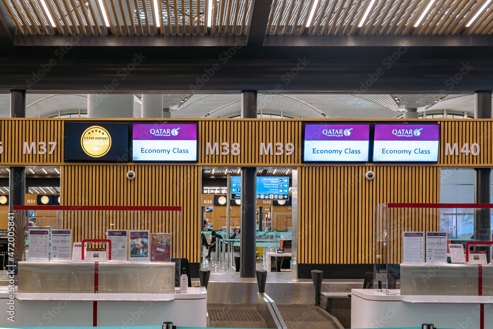 Istanbul, Turkey - November 2021: Qatar Airways check-in counter in ...