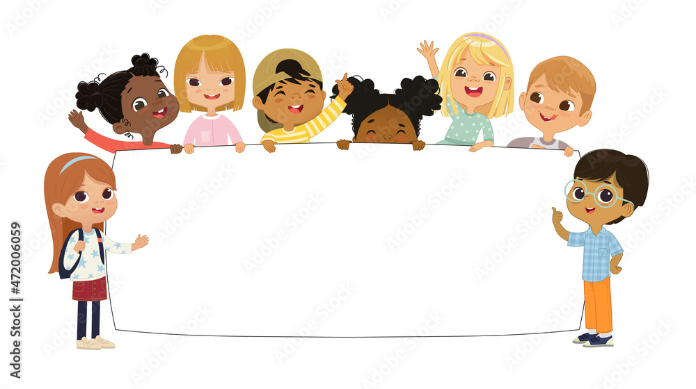Multicultural kids hold a blank board. Cute little kids on a white ...