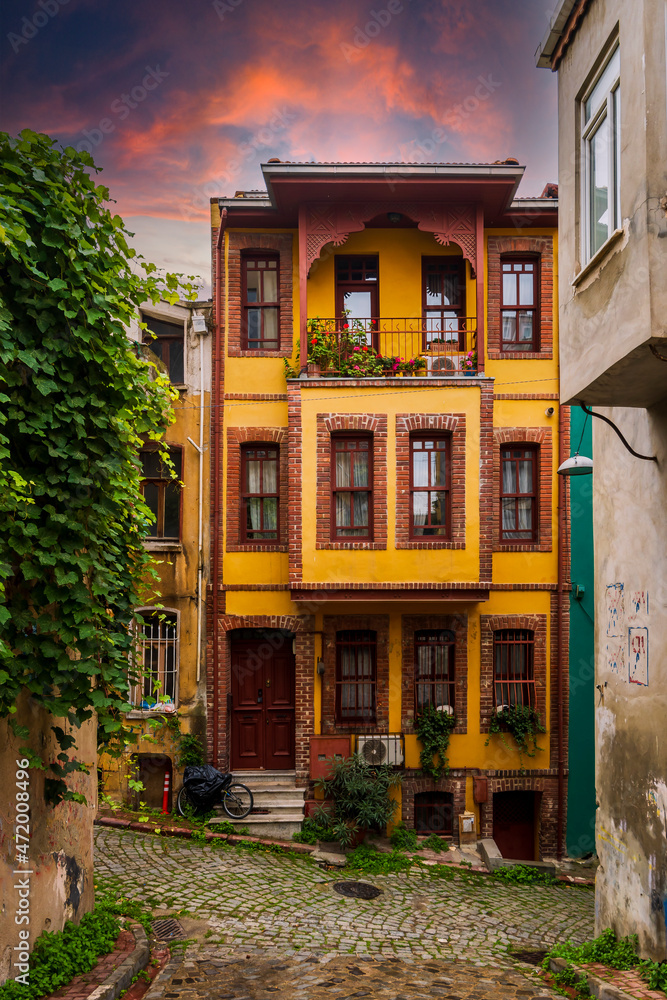 Balat district street view in Istanbul. Balat is popular tourist ...
