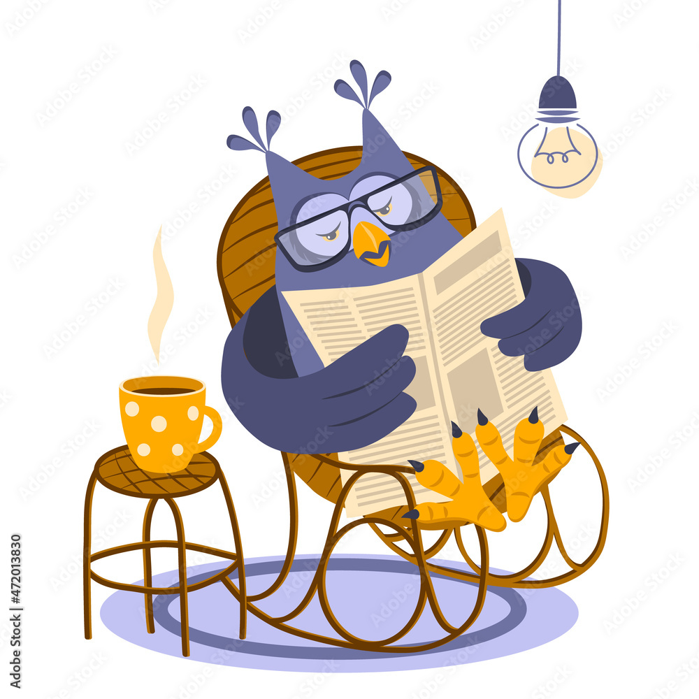 Serious owl with glasses is sitting in a rocking chair and reading a ...