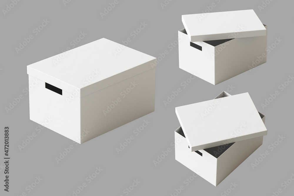 Blank white Closed and open cardboard boxes with slotted hand holes ...