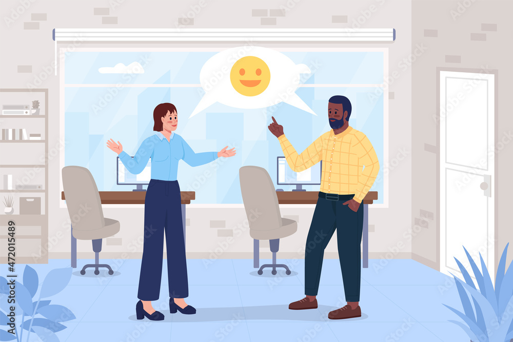 Happy coworkers conversation flat color vector illustration. Good ...
