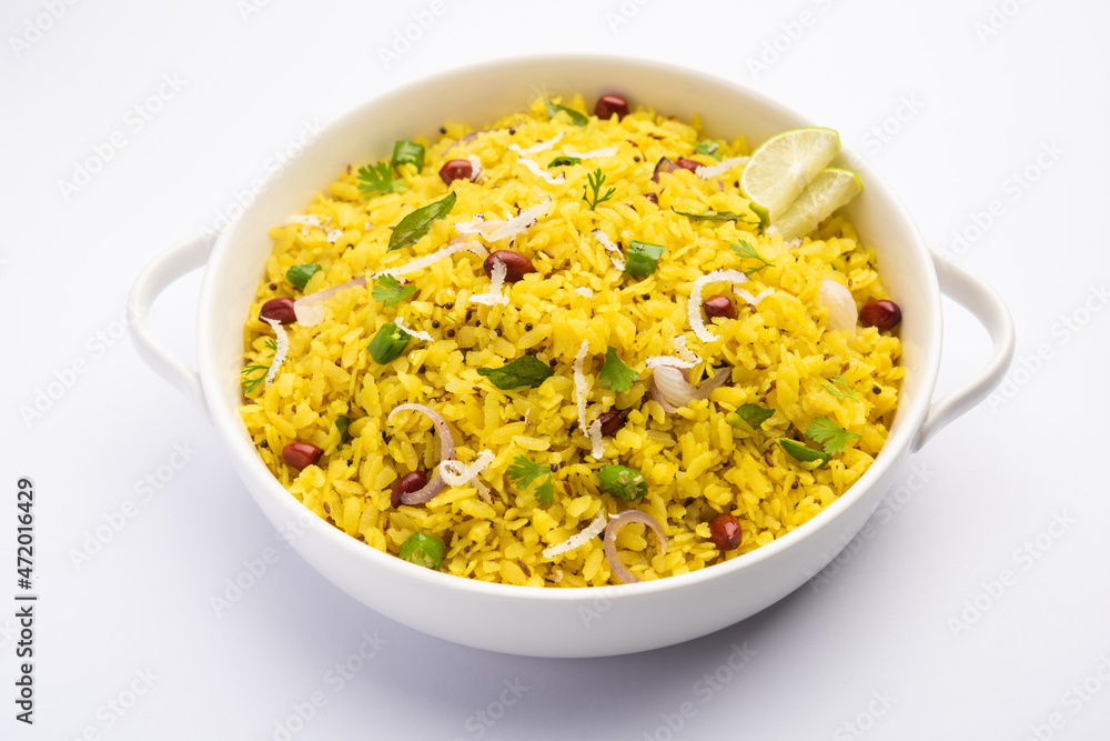 Pohe or pohe or pohaa is an indian breakfast recipe Stock Photo | Adobe ...