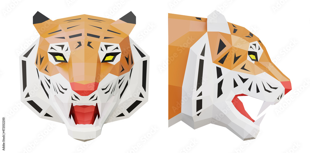 Polygonal Tiger Head in full face and profile isolated on white, 3d ...