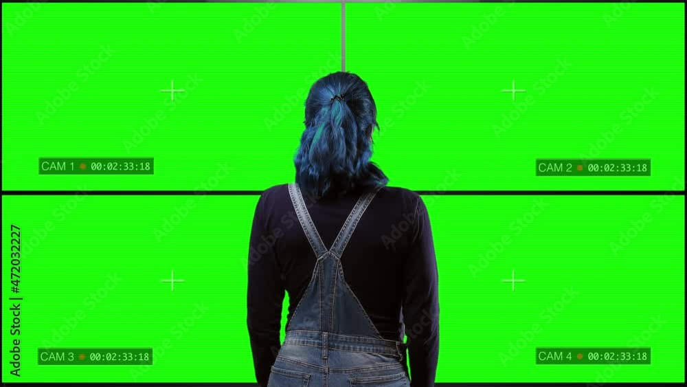 Woman Watching CCTV Monitors Green Screen Multiscreen Television Split ...