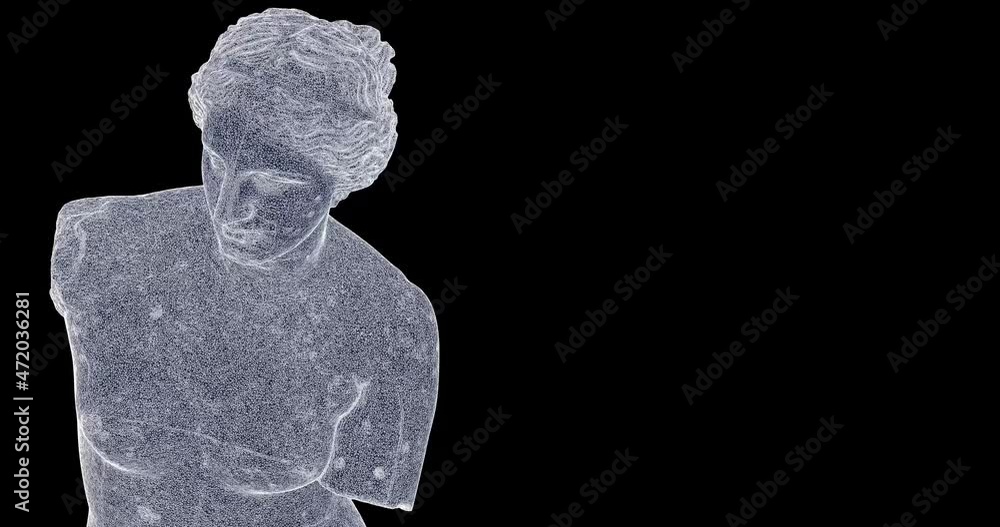 Classic statue in wireframe with black background and thin lines ...