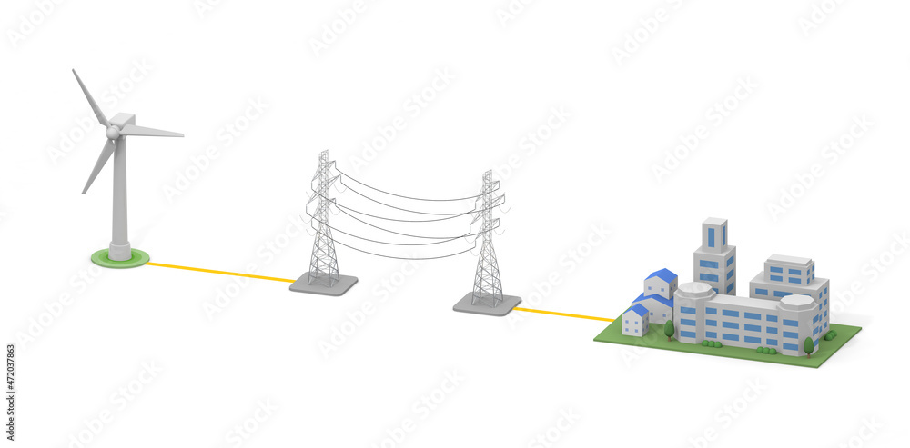 Wind turbines, power lines and cities. A mechanism to send electricity ...