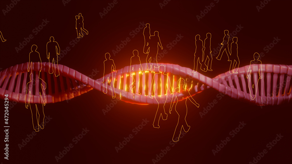 Glowing orange yellow DNA molecule strand with silhouettes of people ...