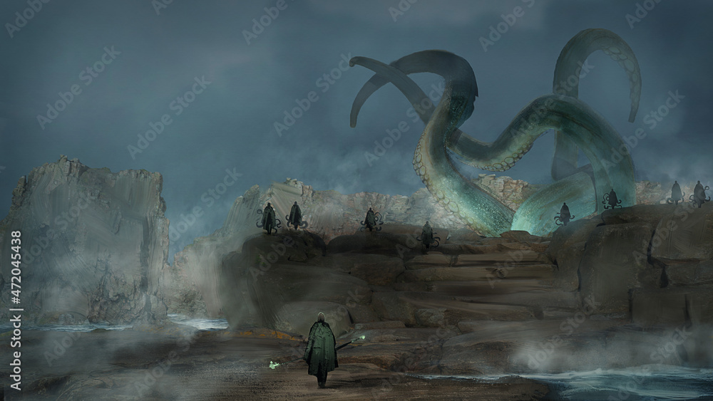 Digital painting of a dark summoning ritual calling an evil sea ...