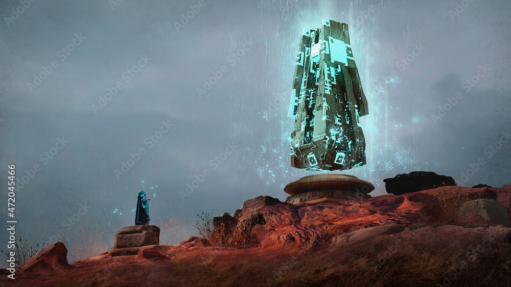 Digital painting of a sci-fi obelisk on a hill with a person wearing a ...