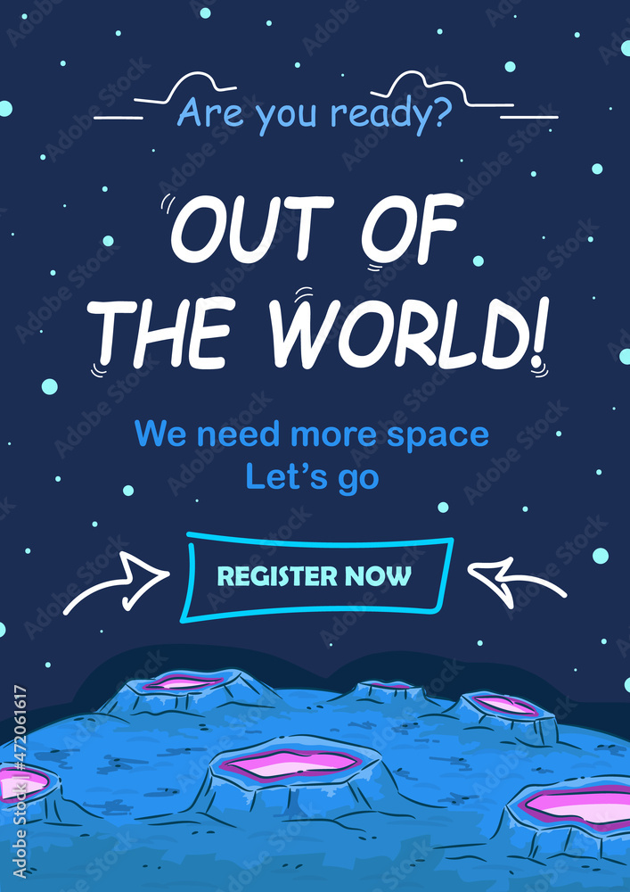 Card of blue planet, space, galaxy, flat design cartoon on dark blue ...