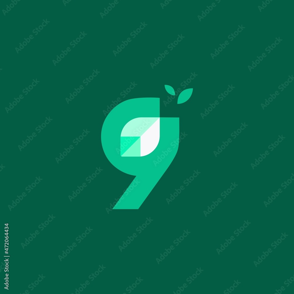 9 number logo green with leaf and nature for green company and bio ...
