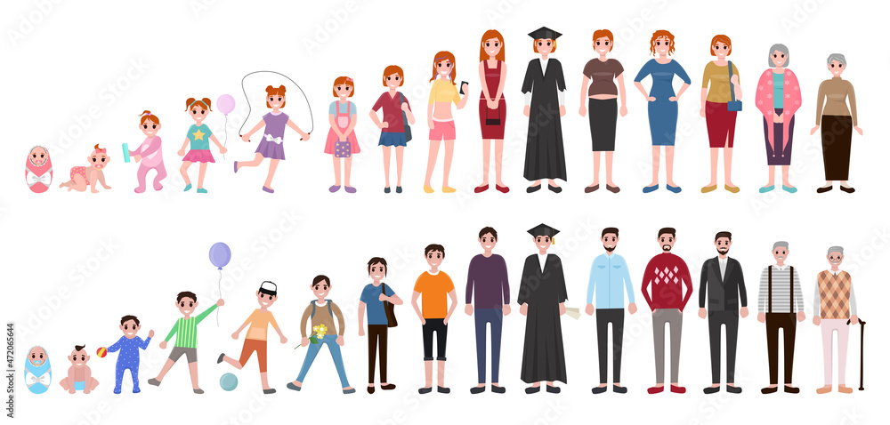 Illustrations of the growing up of a boy and a girl. Life stages. Stock ...