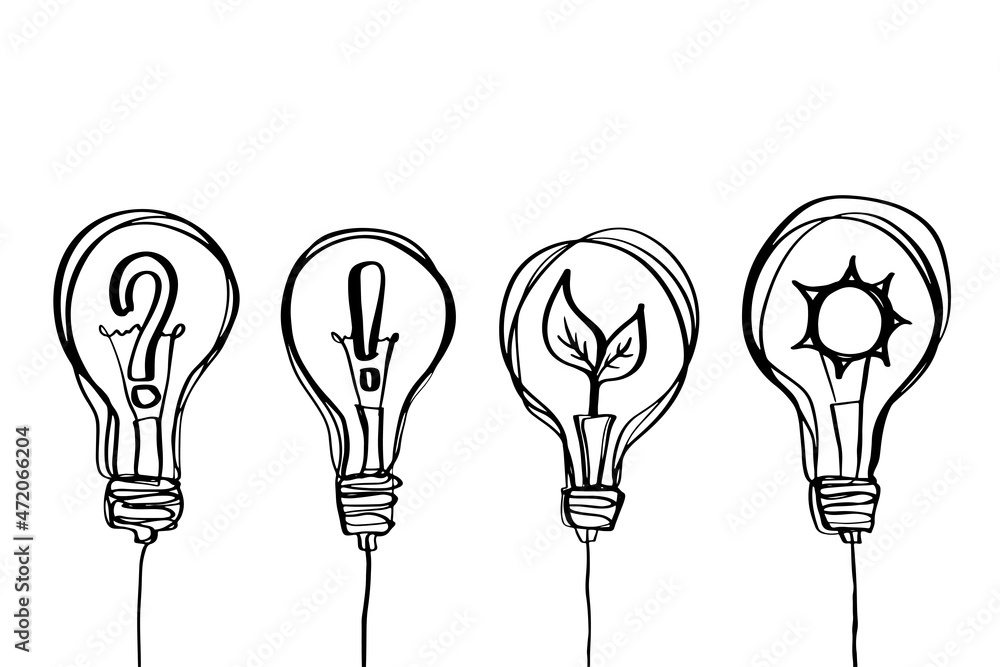 Lamp sketch. Light bulb - hand drawn icons with green energy concept ...
