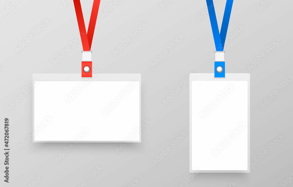 Realistic set of plastic horizontal and vertical badges. Blank access ...