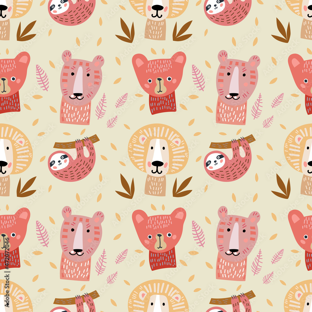 Seamless tropical pattern for kids with cute animals. Colorful vector ...