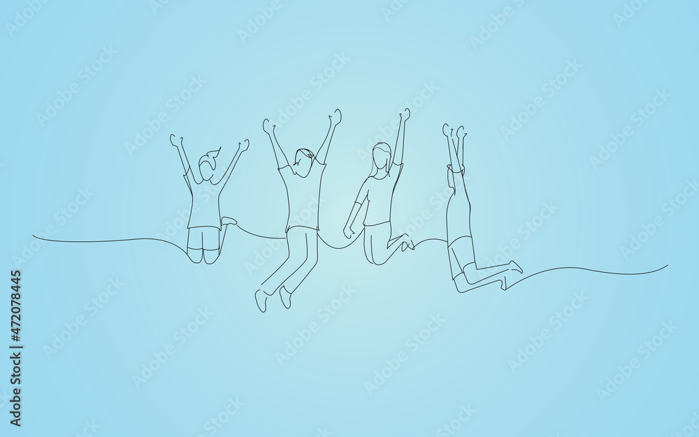 Successful team members jumping isolated on blue background. For ad ...