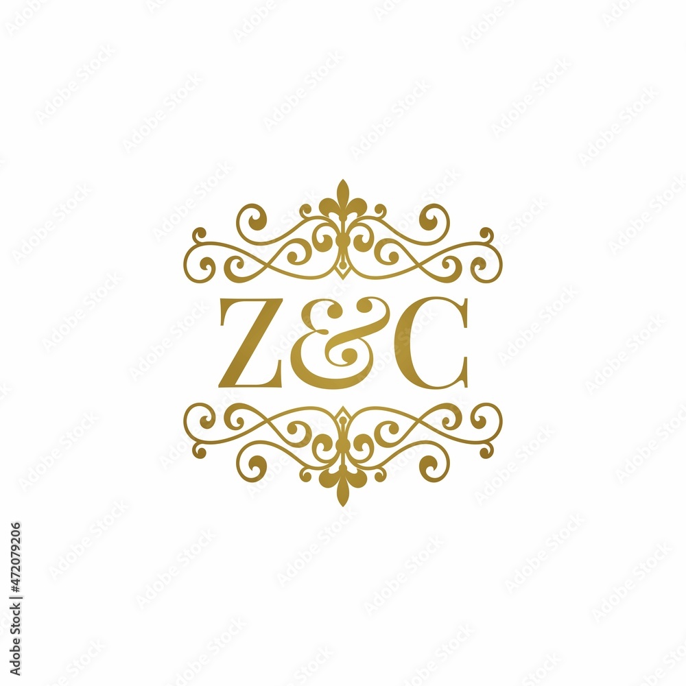 Z&C initials logo ornament gold. Letter ZC wedding ampersand or ...