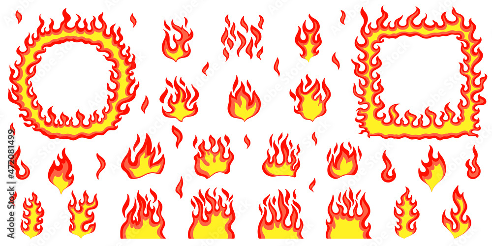 Set of cartoon flames. Isolated illustration of red hot sparkling fire ...