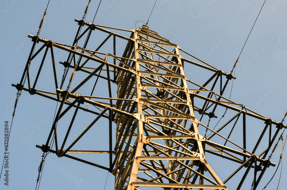 Part of transmission tower (power tower) with powerful steel frame and ...