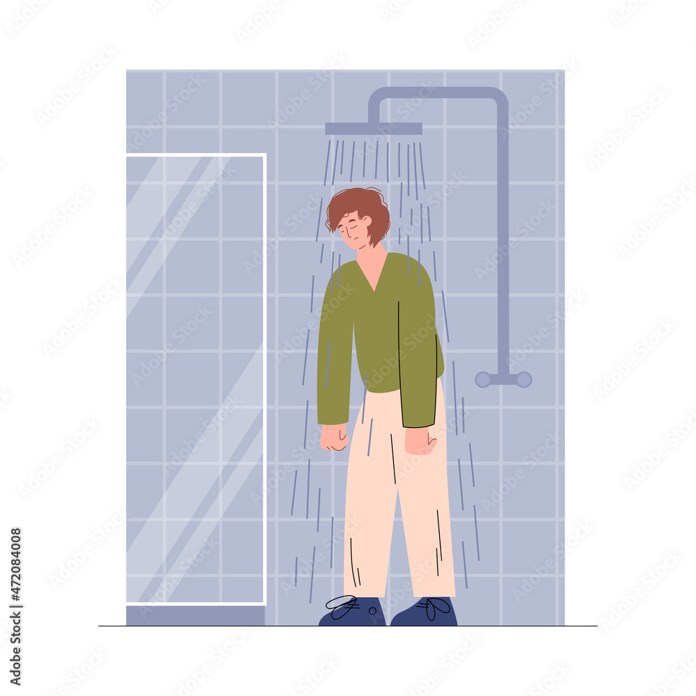 Sad and unhappy man stays in the shower fully clothed, flat vector ...