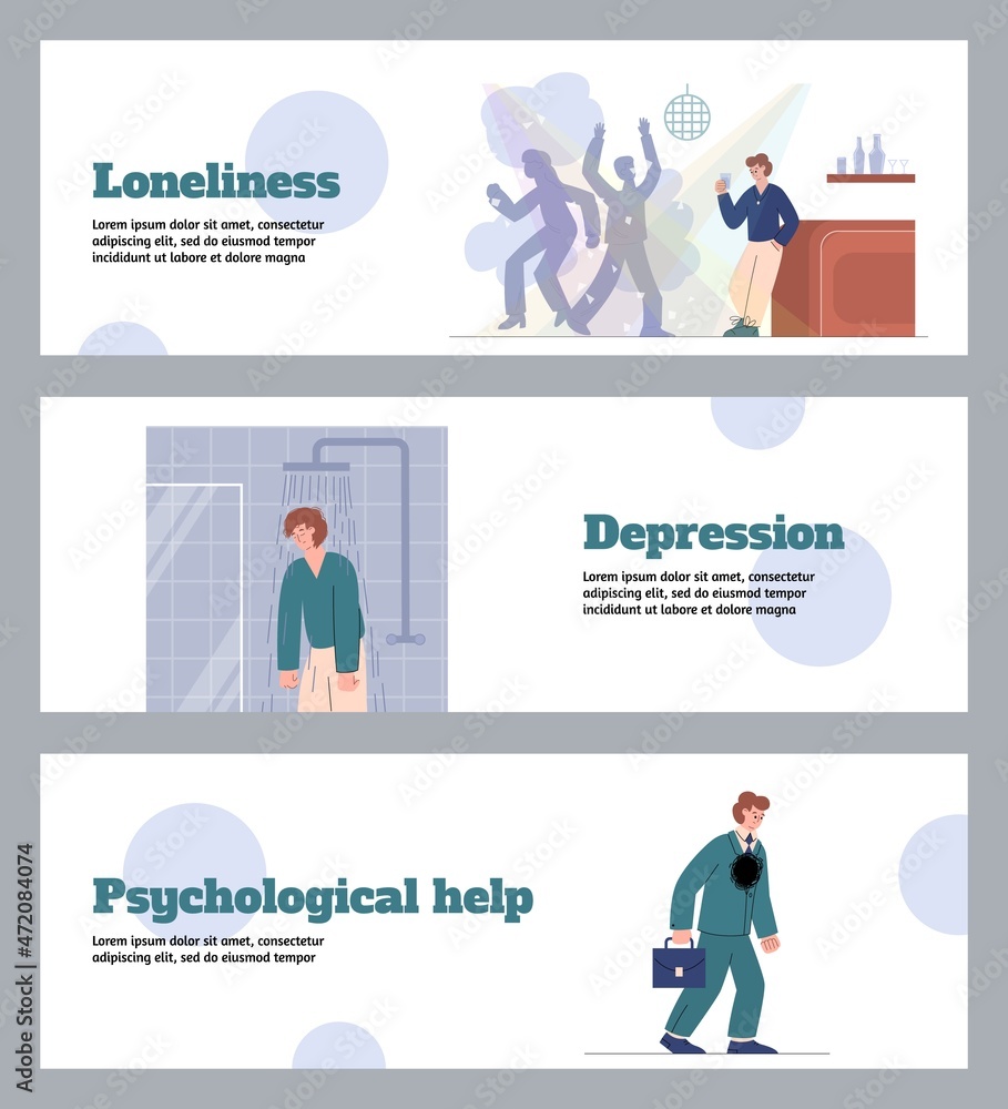 Loneliness, depression and mental health awareness posters, flat vector ...
