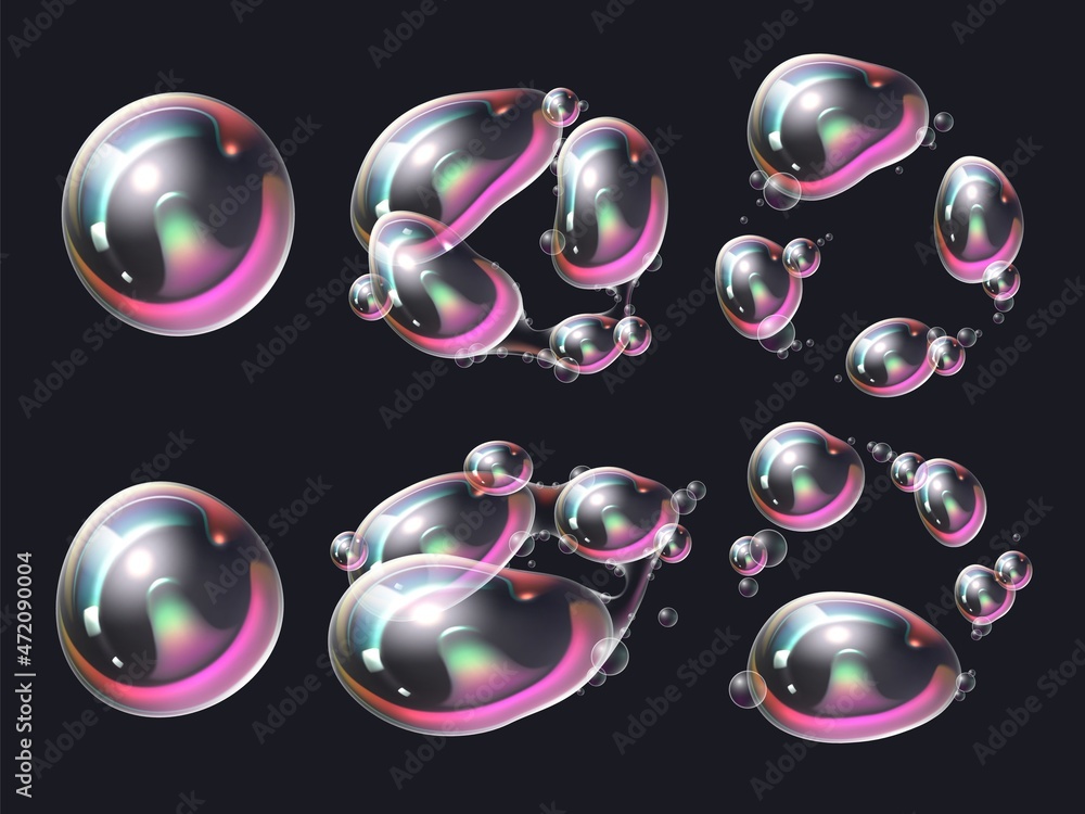 Soap bubble division stages. Realistic rainbow balls distortion ...