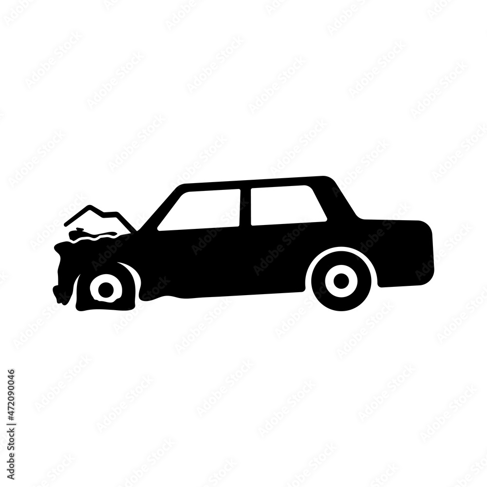 Car icon. Crash. Damaged sedan. Broken transport. Black silhouette ...