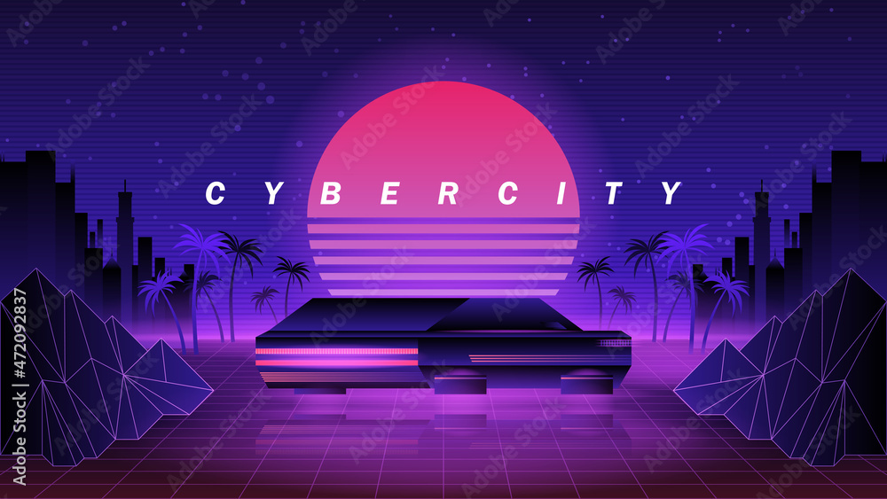 Retro future. 80s style sci-fi background with flying supercar ...