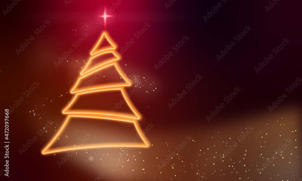Neon christmas tree. Orange light. Red star. Magic sparks. Christmas ...