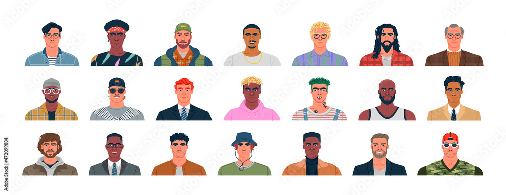 Diverse set of young man portrait illustration on isolated background ...