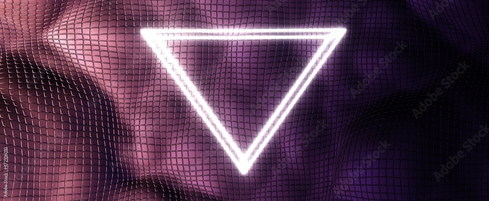 Inverted luminous triangle on lamellar mesh background. Cybercloth with ...