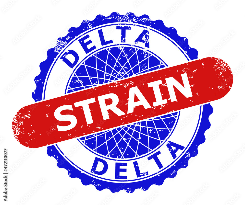 Bicolor DELTA STRAIN seal stamp. Blue and red DELTA STRAIN stamp with ...