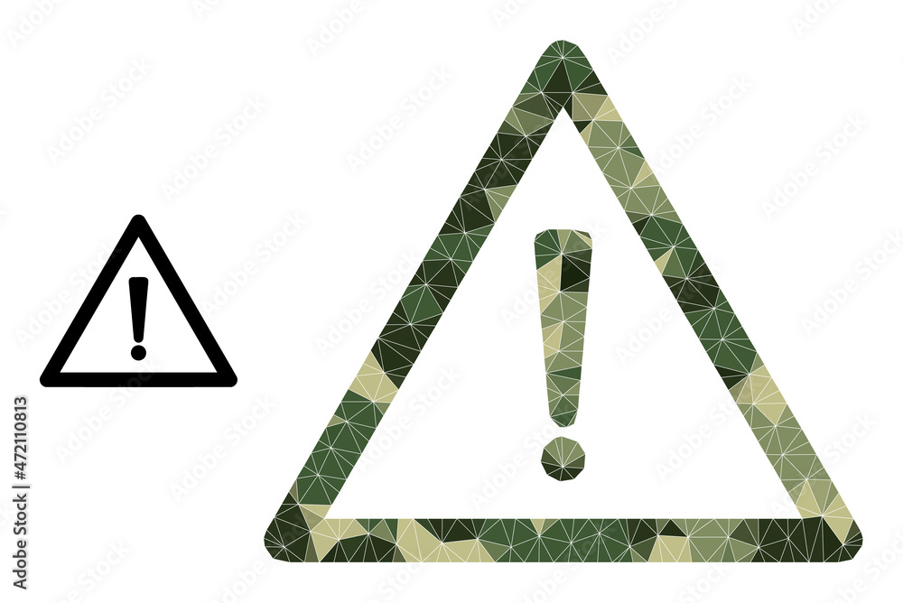Camouflage low-poly collage warning sign icon. Low-poly warning sign ...