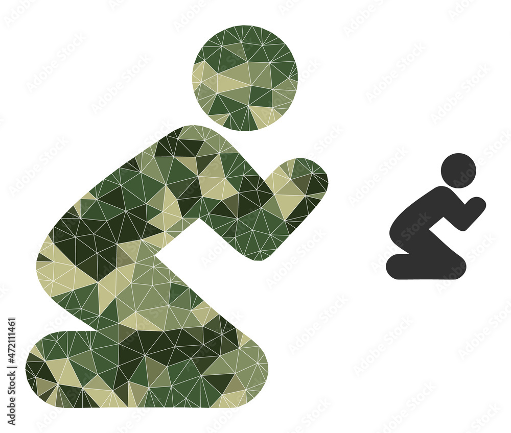 Camouflage lowpoly mosaic praying man icon. Lowpoly praying man ...