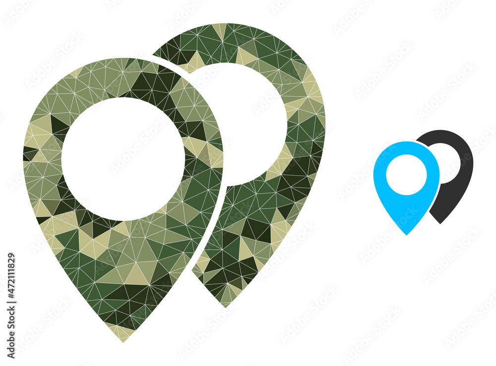 Camouflage low-poly mosaic map markers icon. Low-poly map markers icon ...