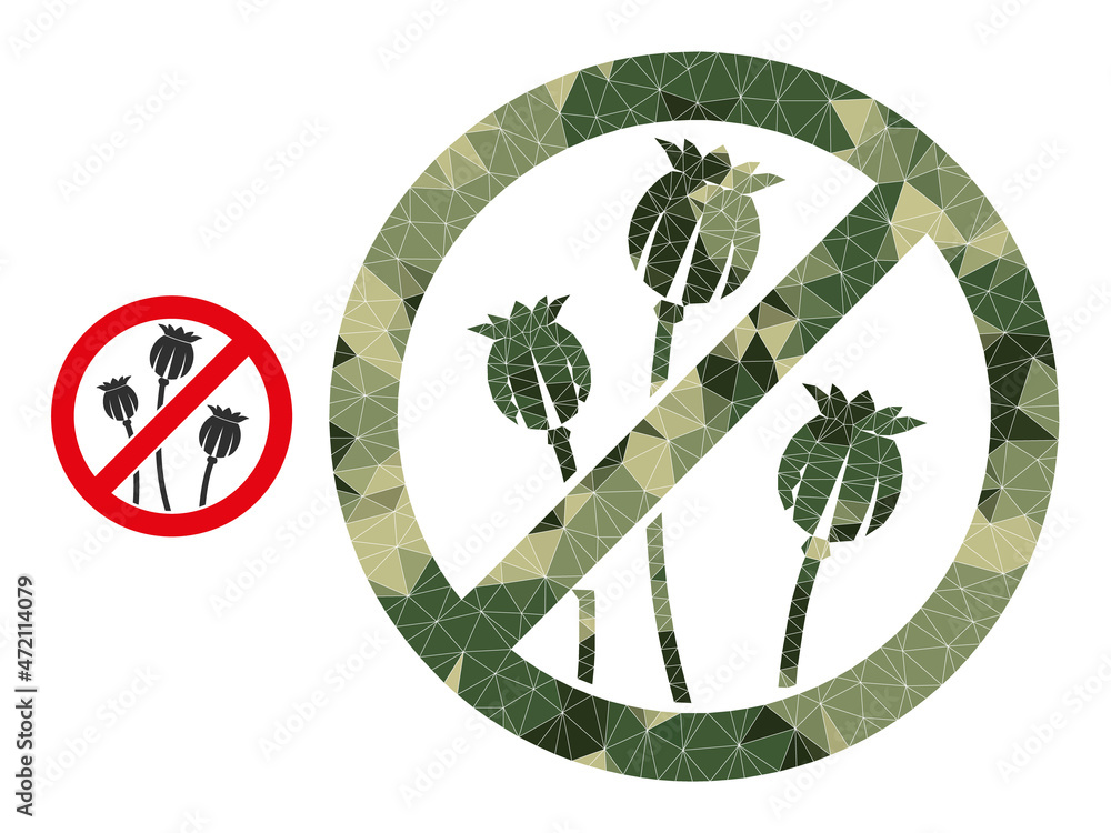 Camouflage low-poly mosaic stop poppy plants icon. Low-poly stop poppy ...