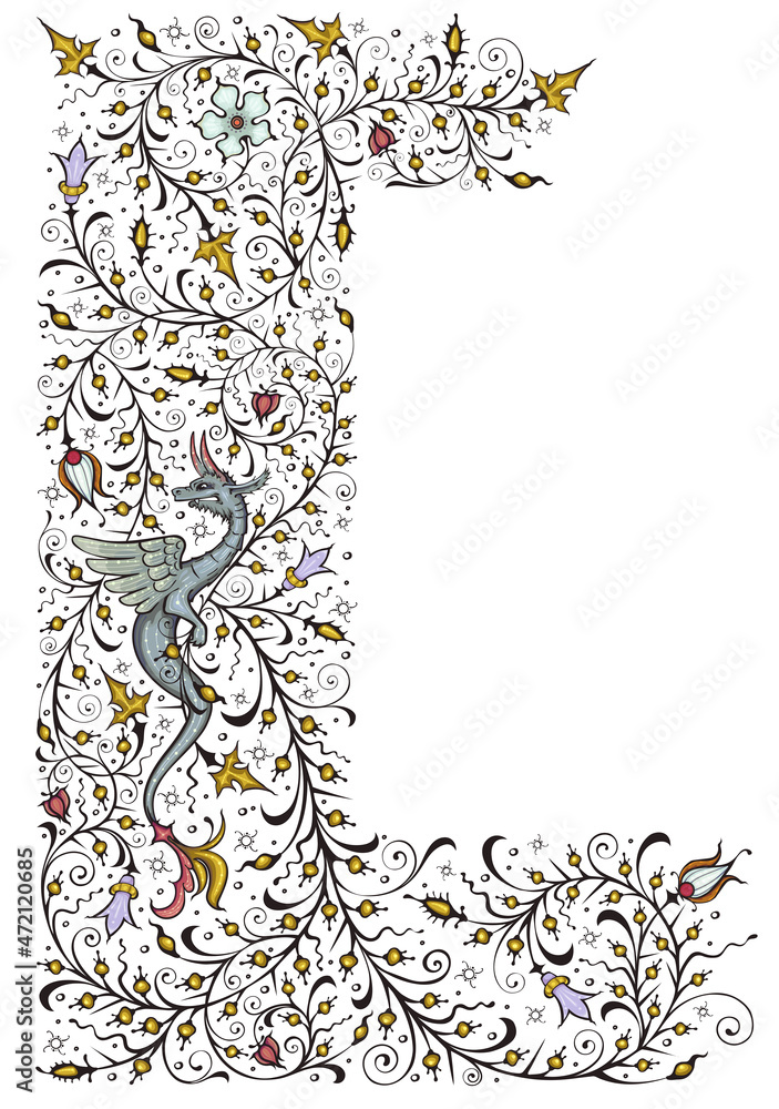 Medieval floral border. Vintage color palette.Ancient book miniature ...