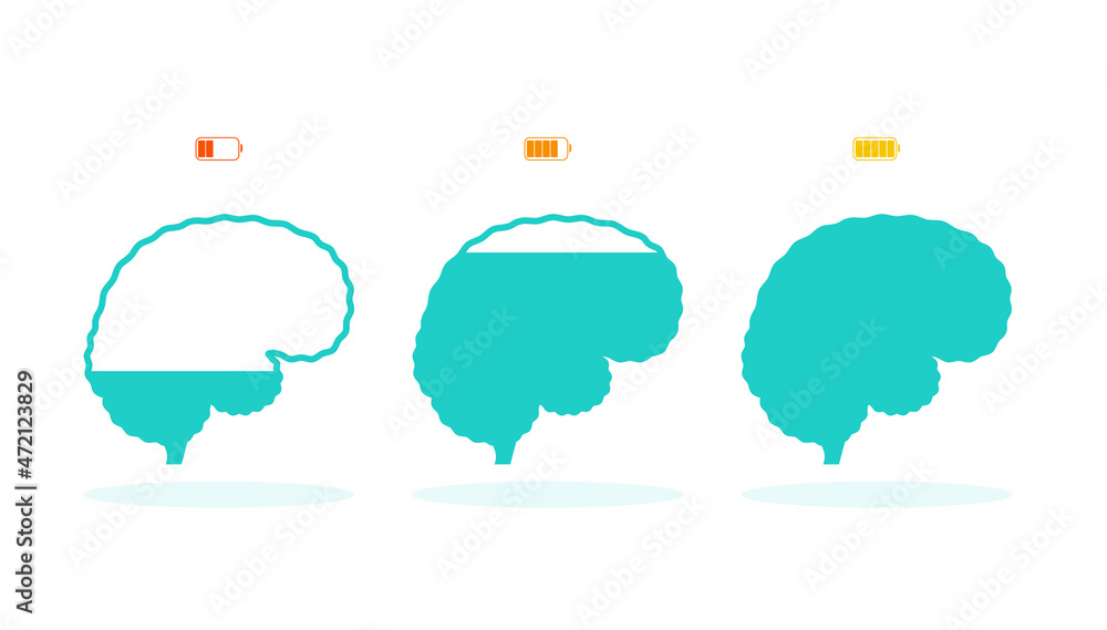 Recharge human brain. Vector illustration in flat design. Full, half ...